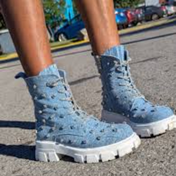 Shoes | Azalea Wang Embellished Denim Platform Booties W1 | Poshmark